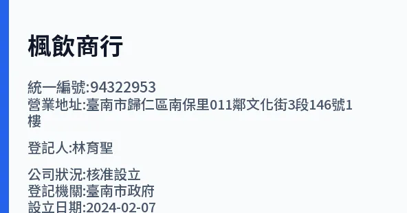 楓飲商行的照片-統編 94322953(臺南市) 公司登記資料與營業項目詳細圖表
