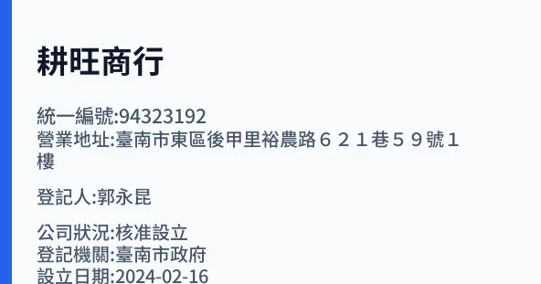 耕旺商行的照片-統編 94323192(臺南市) 公司登記資料與營業項目詳細圖表