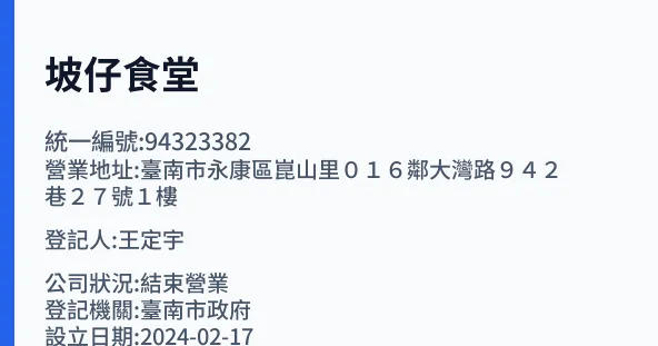 坡仔食堂的照片-統編 94323382(臺南市) 公司登記資料與營業項目詳細圖表