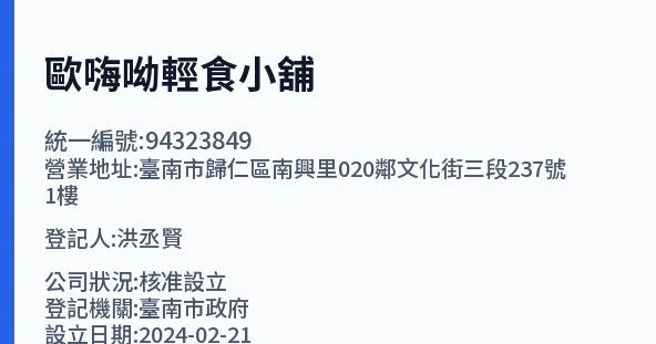 歐嗨呦輕食小舖的照片-統編 94323849(臺南市) 公司登記資料與營業項目詳細圖表