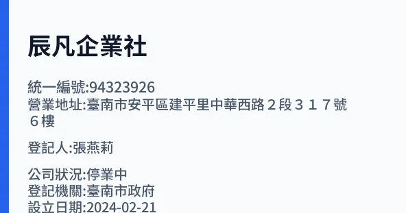辰凡企業社的照片-統編 94323926(臺南市) 公司登記資料與營業項目詳細圖表
