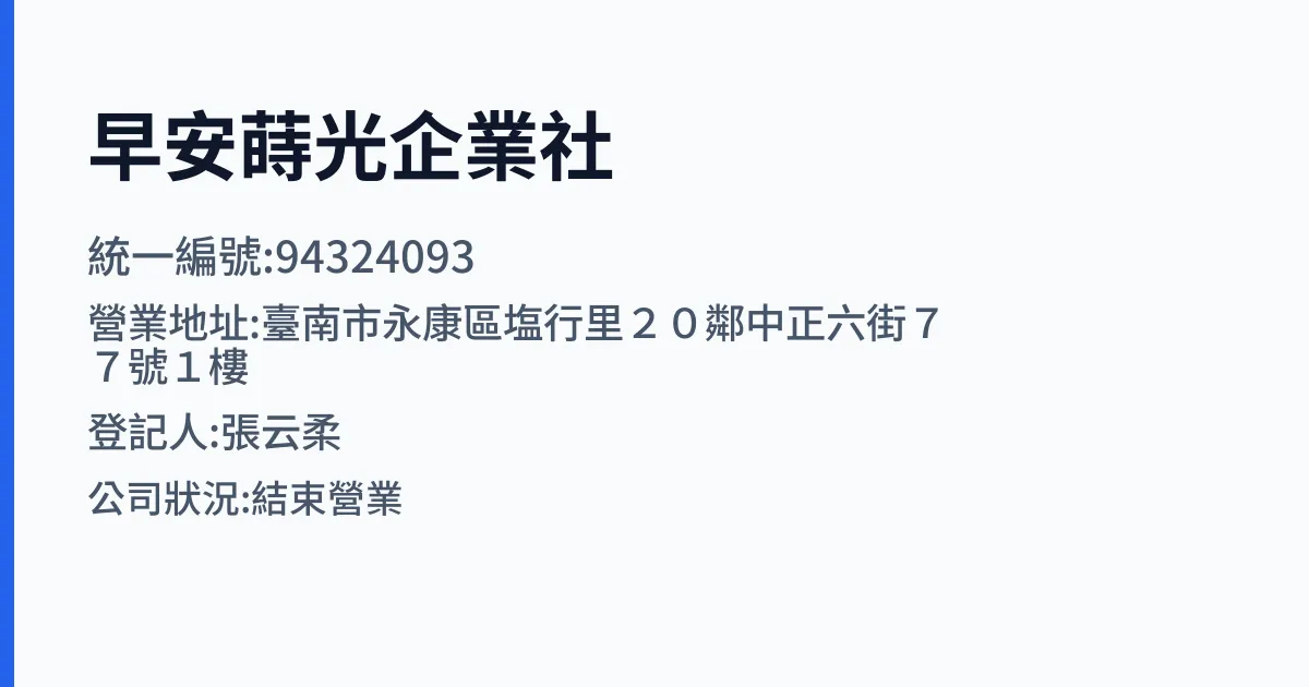 早安蒔光企業社 - 統編 94324093(臺南市) 公司登記資料與營業項目詳細圖表