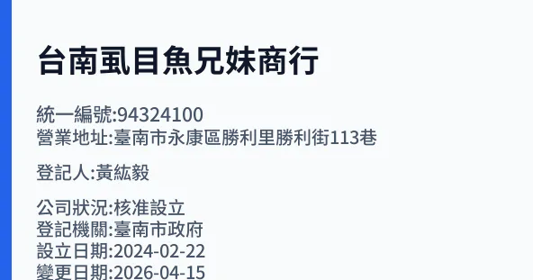 台南虱目魚兄妹商行的照片-統編 94324100(臺南市) 公司登記資料與營業項目詳細圖表