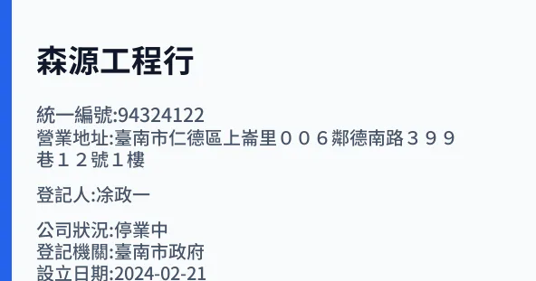 森源工程行的照片-統編 94324122(臺南市) 公司登記資料與營業項目詳細圖表