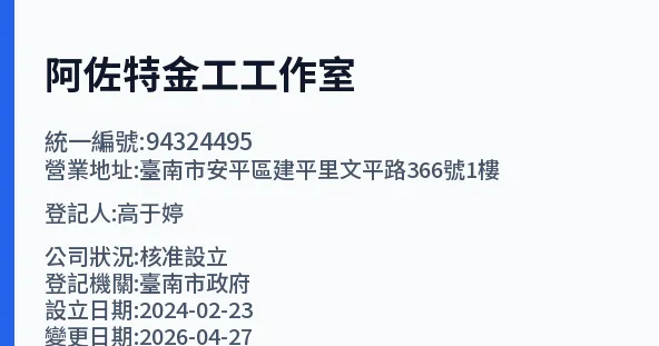 阿佐特金工工作室的照片-統編 94324495(臺南市) 公司登記資料與營業項目詳細圖表