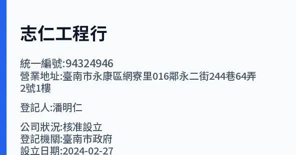 志仁工程行的照片-統編 94324946(臺南市) 公司登記資料與營業項目詳細圖表