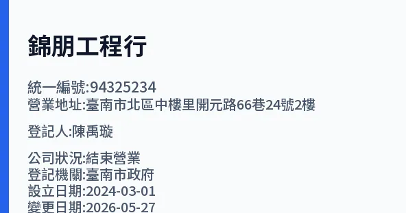 錦朋工程行的照片-統編 94325234(臺南市) 公司登記資料與營業項目詳細圖表