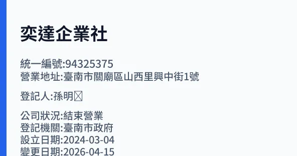 奕達企業社的照片-統編 94325375(臺南市) 公司登記資料與營業項目詳細圖表