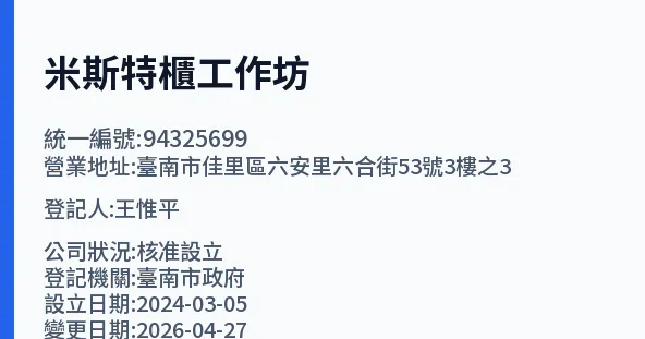 米斯特櫃工作坊的照片-統編 94325699(臺南市) 公司登記資料與營業項目詳細圖表