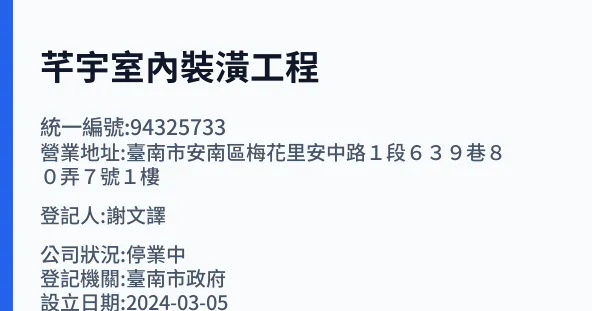 芊宇室內裝潢工程的照片-統編 94325733(臺南市) 公司登記資料與營業項目詳細圖表