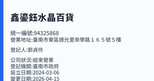 鑫鎏鈺水晶百貨的照片-統編 94325868(臺南市) 公司登記資料與營業項目詳細圖表