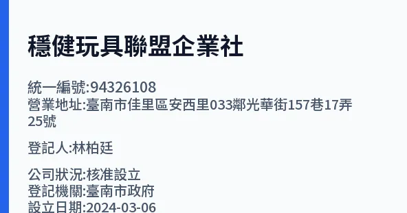 穩健玩具聯盟企業社的照片-統編 94326108(臺南市) 公司登記資料與營業項目詳細圖表