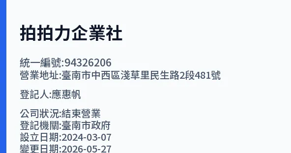拍拍力企業社的照片-統編 94326206(臺南市) 公司登記資料與營業項目詳細圖表
