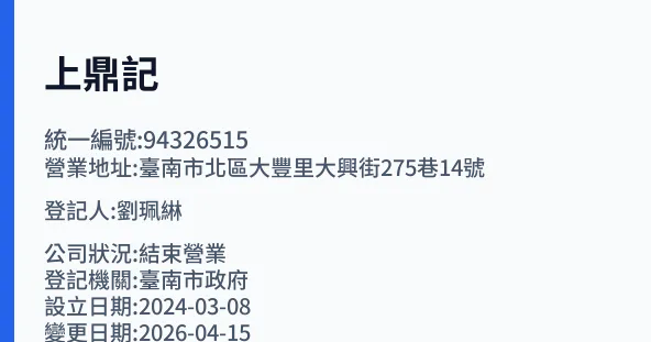 上鼎記的照片-統編 94326515(臺南市) 公司登記資料與營業項目詳細圖表