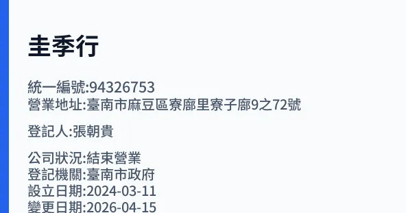 圭季行的照片-統編 94326753(臺南市) 公司登記資料與營業項目詳細圖表