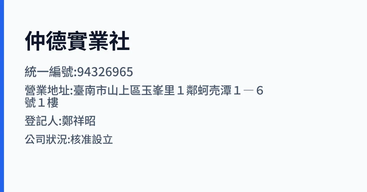 仲德實業社 - 統編 94326965(臺南市) 公司登記資料與營業項目詳細圖表
