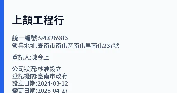 上頡工程行的照片-統編 94326986(臺南市) 公司登記資料與營業項目詳細圖表