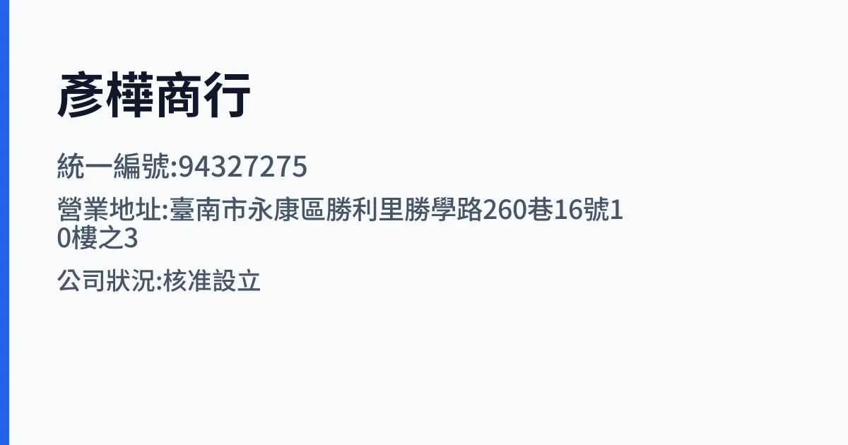 彥樺商行 - 統編 94327275(臺南市) 公司登記資料與營業項目詳細圖表