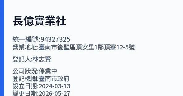 長億實業社的照片-統編 94327325(臺南市) 公司登記資料與營業項目詳細圖表