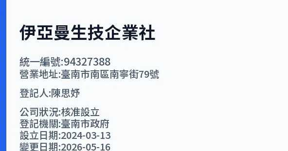 伊亞曼生技企業社的照片-統編 94327388(臺南市) 公司登記資料與營業項目詳細圖表
