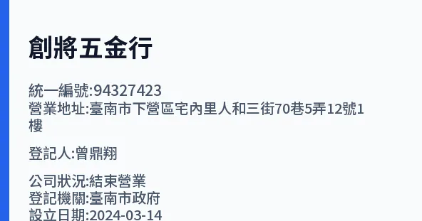 創將五金行的照片-統編 94327423(臺南市) 公司登記資料與營業項目詳細圖表