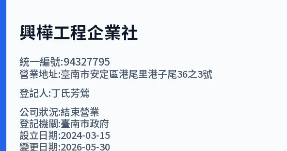 興樺工程企業社的照片-統編 94327795(臺南市) 公司登記資料與營業項目詳細圖表