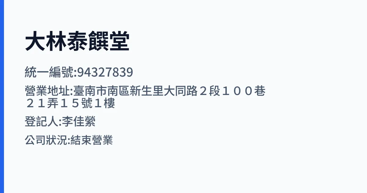 大林泰饌堂 - 統編 94327839(臺南市) 公司登記資料與營業項目詳細圖表
