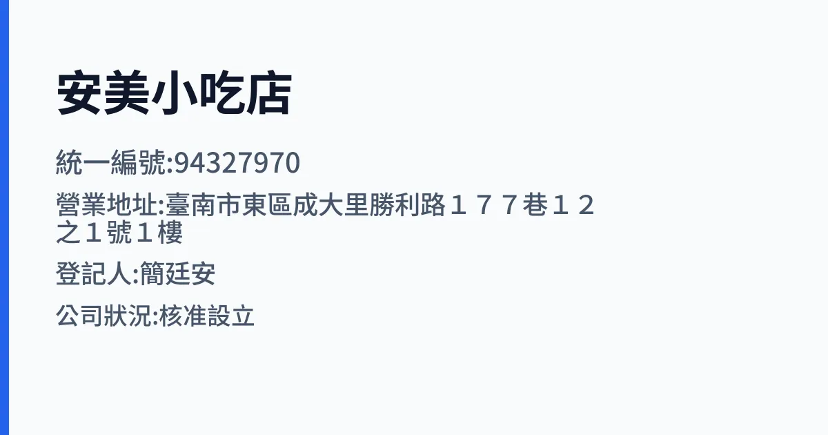 安美小吃店 - 統編 94327970(臺南市) 公司登記資料與營業項目詳細圖表