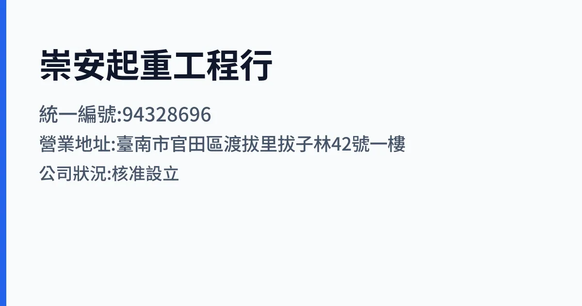 崇安起重工程行 - 統編 94328696(臺南市) 公司登記資料與營業項目詳細圖表