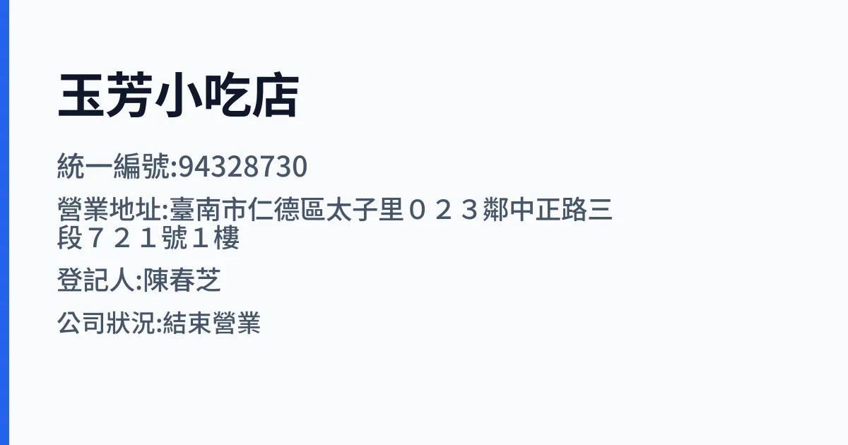 玉芳小吃店 - 統編 94328730(臺南市) 公司登記資料與營業項目詳細圖表
