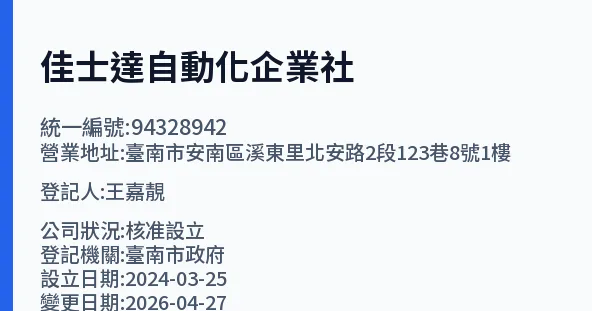 佳士達自動化企業社的照片-統編 94328942(臺南市) 公司登記資料與營業項目詳細圖表
