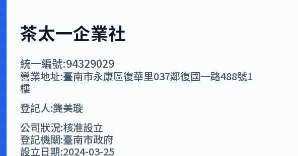 茶太一企業社的照片-統編 94329029(臺南市) 公司登記資料與營業項目詳細圖表