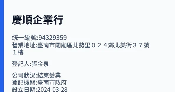 慶順企業行的照片-統編 94329359(臺南市) 公司登記資料與營業項目詳細圖表