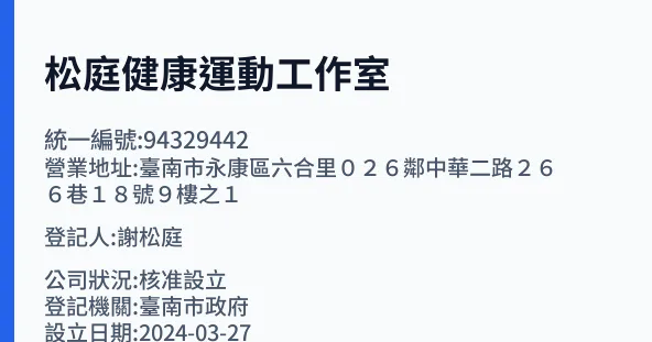 松庭健康運動工作室的照片-統編 94329442(臺南市) 公司登記資料與營業項目詳細圖表