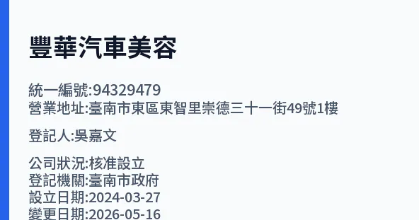 豐華汽車美容的照片-統編 94329479(臺南市) 公司登記資料與營業項目詳細圖表