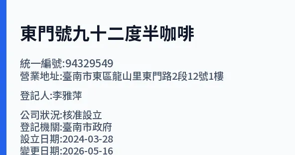 東門號九十二度半咖啡的照片-統編 94329549(臺南市) 公司登記資料與營業項目詳細圖表
