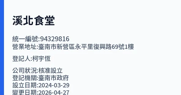 溪北食堂的照片-統編 94329816(臺南市) 公司登記資料與營業項目詳細圖表