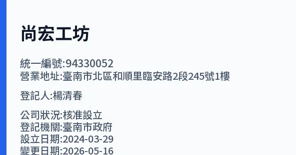 尚宏工坊的照片-統編 94330052(臺南市) 公司登記資料與營業項目詳細圖表