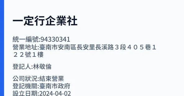 一定行企業社的照片-統編 94330341(臺南市) 公司登記資料與營業項目詳細圖表
