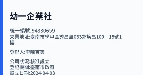 幼一企業社的照片-統編 94330659(臺南市) 公司登記資料與營業項目詳細圖表