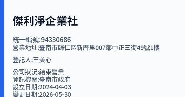 傑利淨企業社的照片-統編 94330686(臺南市) 公司登記資料與營業項目詳細圖表