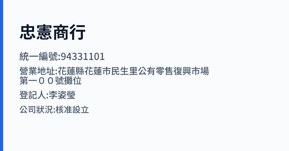 忠憲商行 - 統編 94331101(花蓮縣) 公司登記資料與營業項目詳細圖表