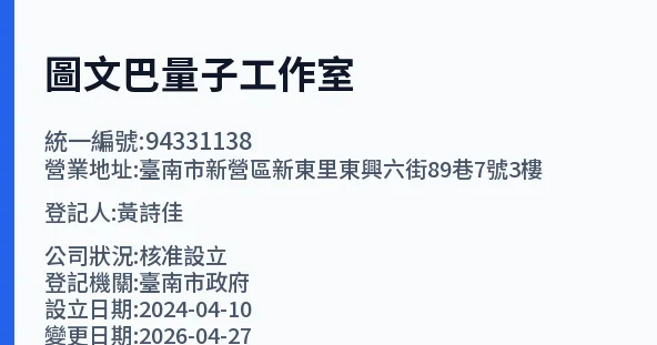 圖文巴量子工作室的照片-統編 94331138(臺南市) 公司登記資料與營業項目詳細圖表