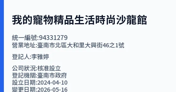 我的寵物精品生活時尚沙龍館的照片-統編 94331279(臺南市) 公司登記資料與營業項目詳細圖表