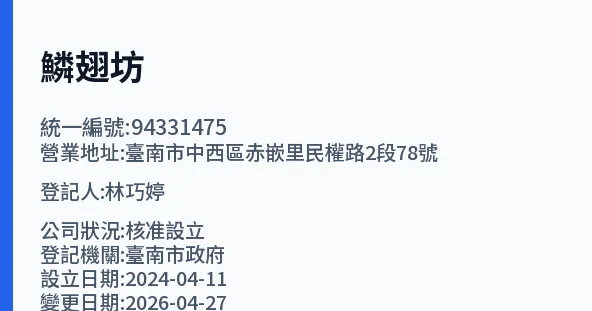 鱗翅坊的照片-統編 94331475(臺南市) 公司登記資料與營業項目詳細圖表