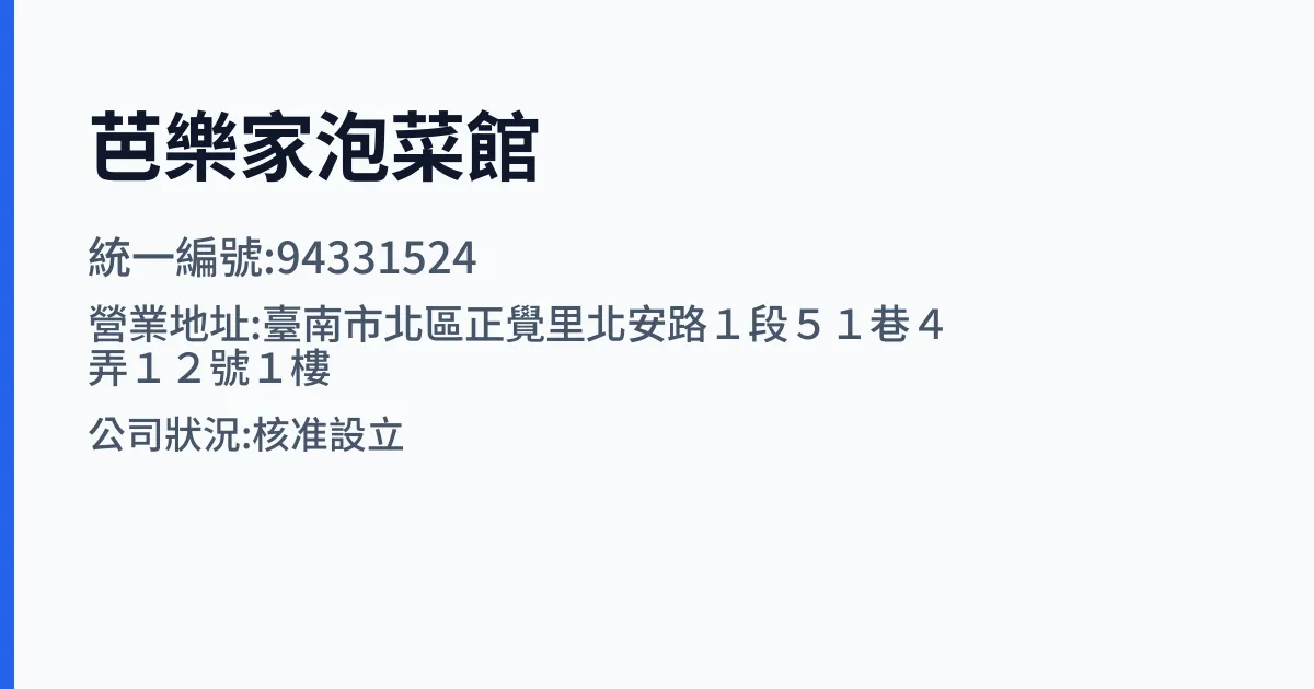 芭樂家泡菜館 - 統編 94331524(臺南市) 公司登記資料與營業項目詳細圖表