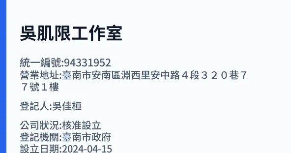 吳肌限工作室的照片-統編 94331952(臺南市) 公司登記資料與營業項目詳細圖表