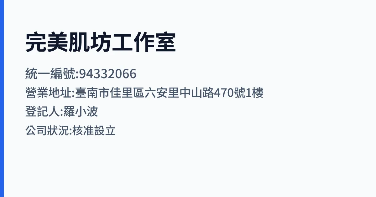 完美肌坊工作室 - 統編 94332066(臺南市) 公司登記資料與營業項目詳細圖表