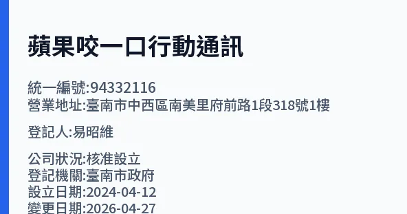 蘋果咬一口行動通訊的照片-統編 94332116(臺南市) 公司登記資料與營業項目詳細圖表