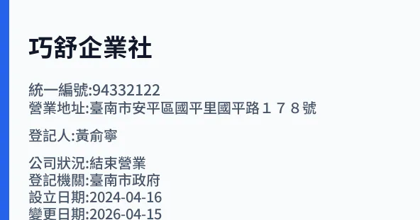 巧舒企業社的照片-統編 94332122(臺南市) 公司登記資料與營業項目詳細圖表